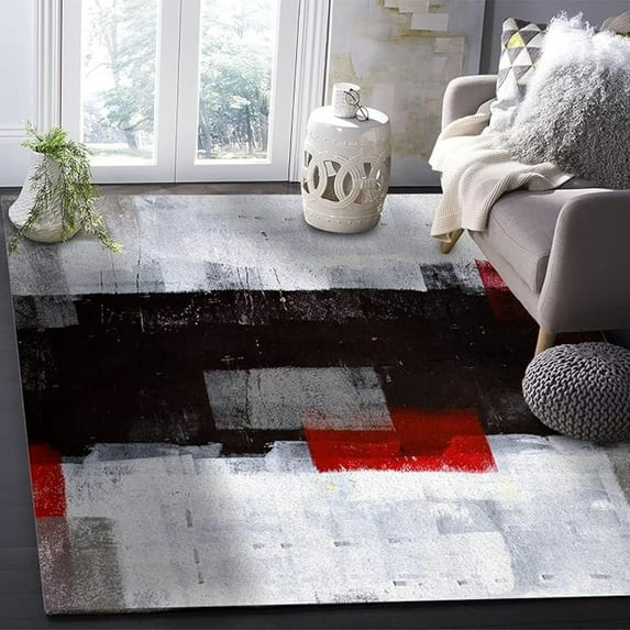 Black Gray Red Geometric Graffiti Art Area Rug, Abstract Vintage Hand ...