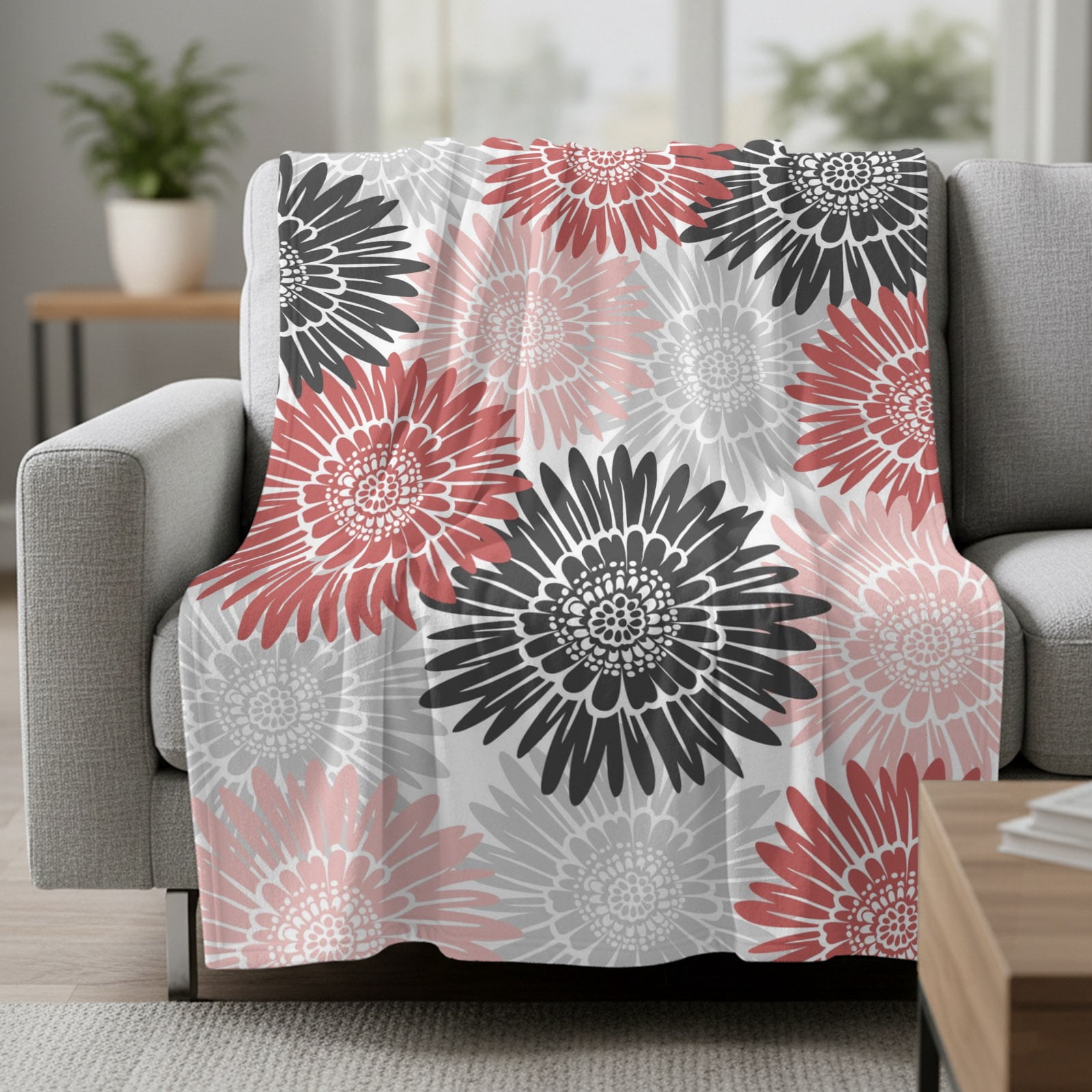 Black Gray Red Pink Sunflower Fleece Throw Blanket Abstract Blooming ...