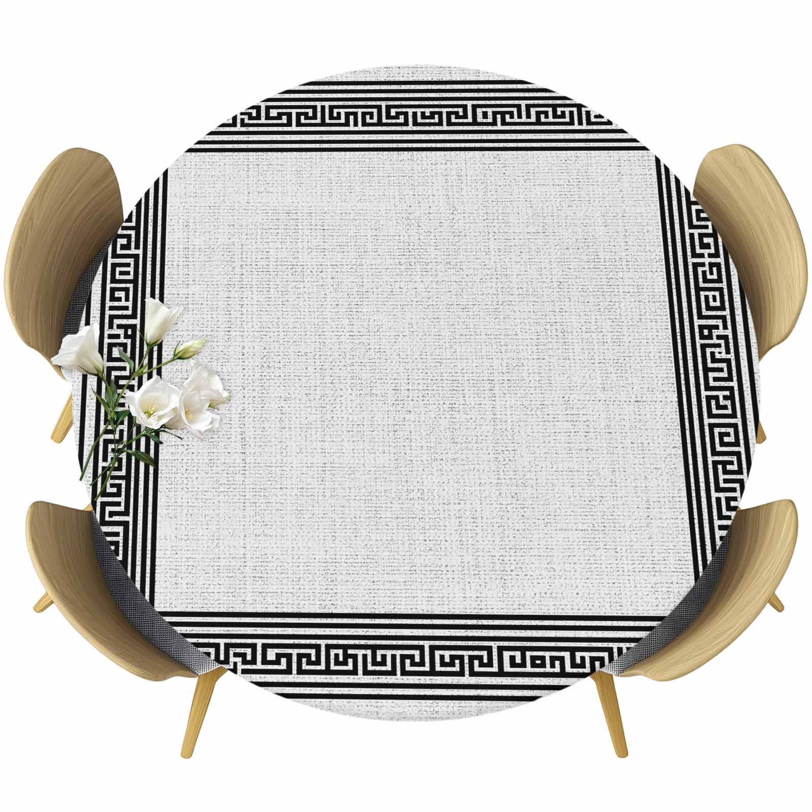 Black Gray Retro Greek Key Round Tablecloth, Fitted Table Cover with ...