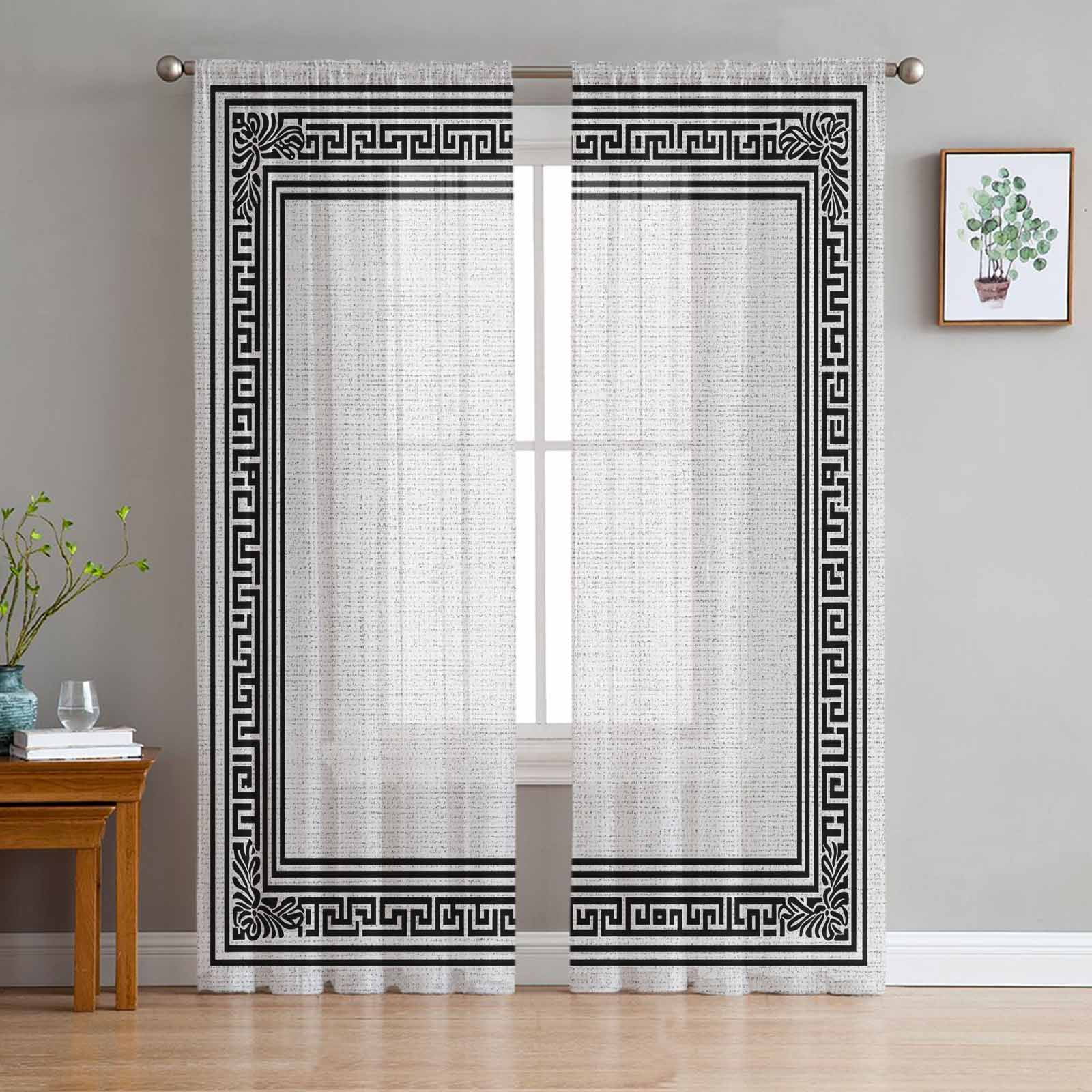 Black Gray Retro Greek Key Sheer Curtains 96 Inches Long 2 Panels Set ...