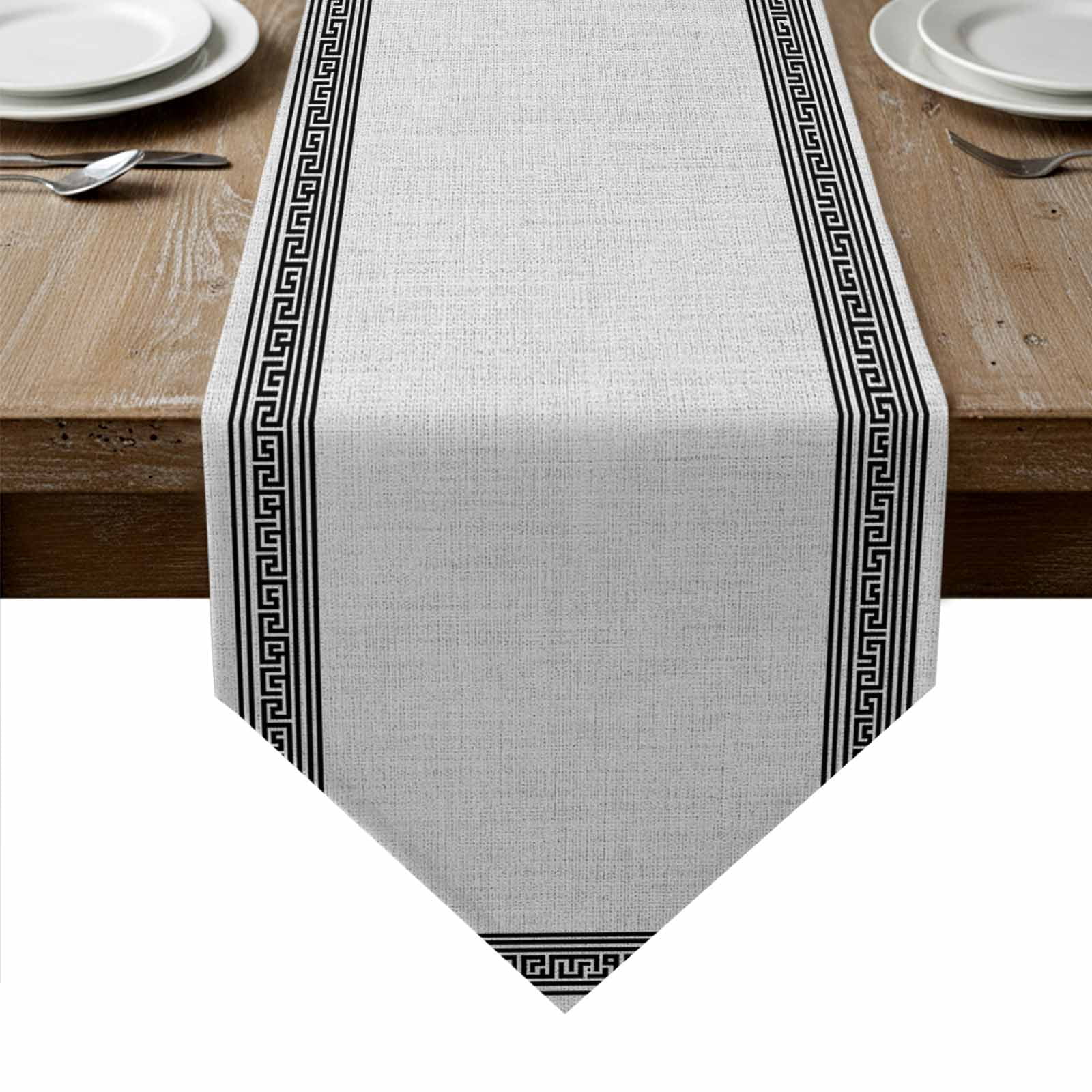 Black Gray Retro Greek Key Table Runner Linen Burlap Table Runner 72 ...