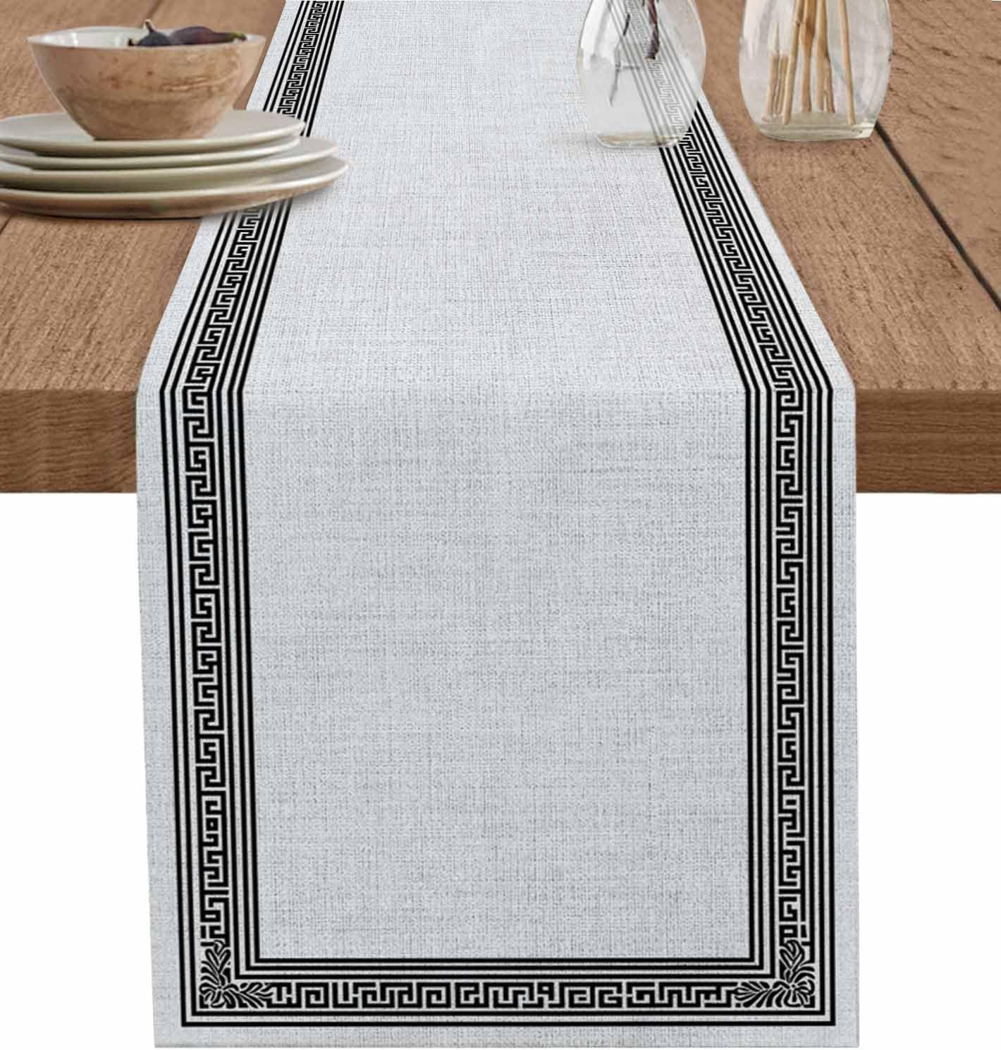 Black Gray Retro Greek Key Table Runners 90 Inches Long, Cotton Linen ...