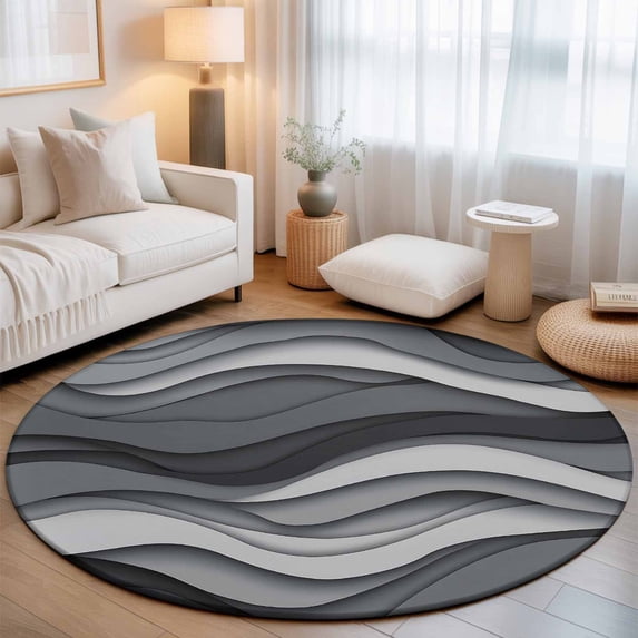 Black Gray Round Area Rugs 3 ft, Geometric Abstract Ombre Ocean Wave ...