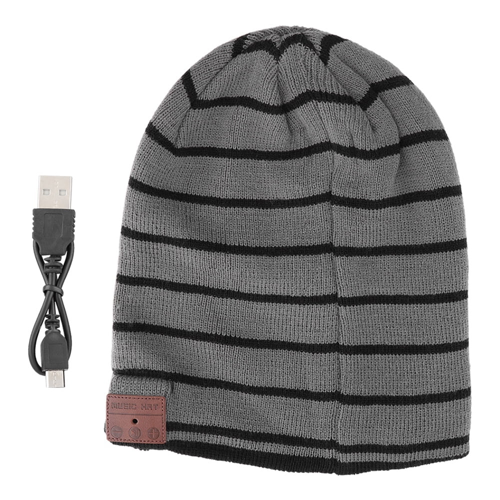 Black Gray Stripe Wireless Bluetooth Knitting Hat Music with Stereo ...