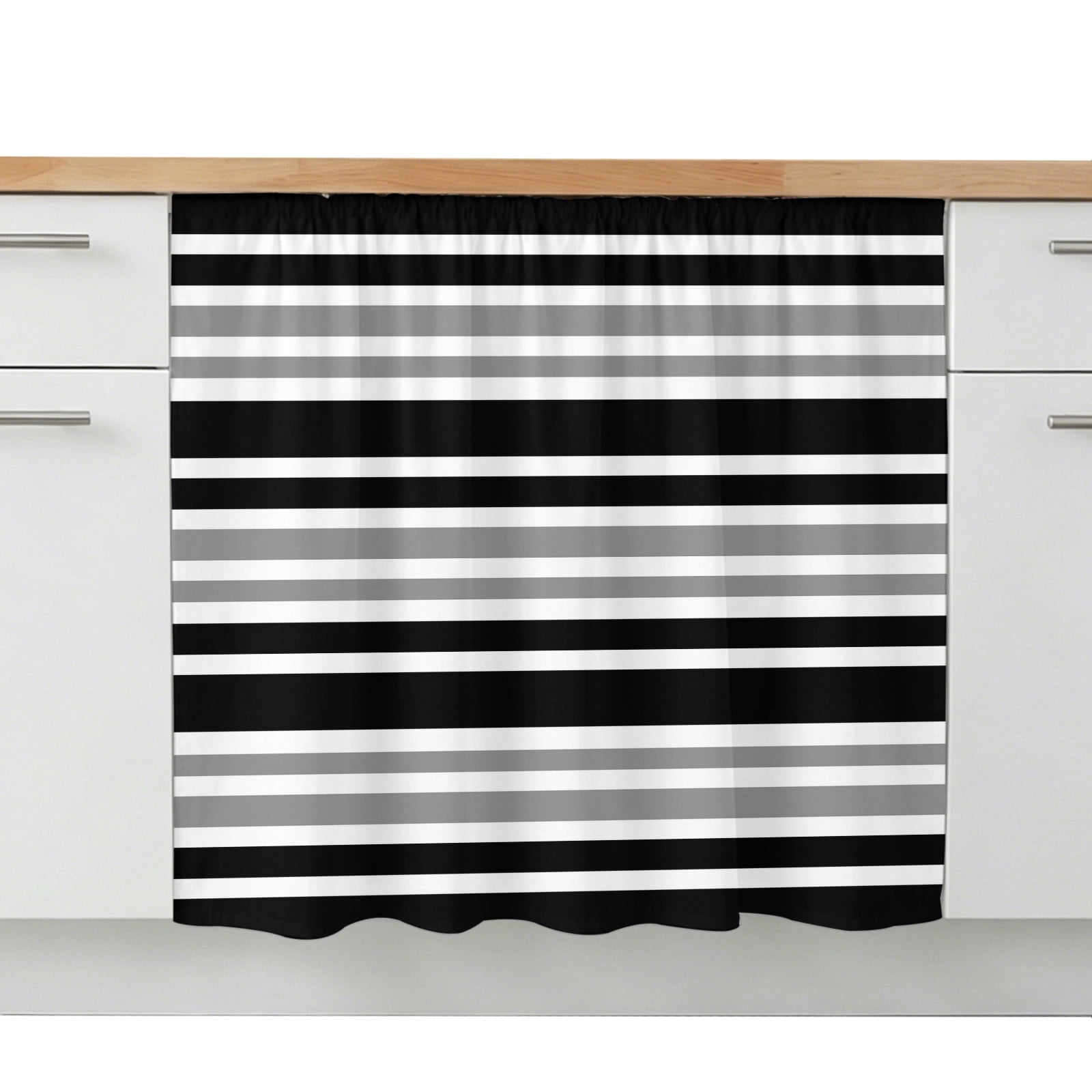 Black Gray Striped Cabinet Curtains 28"W x 35"L,Dustproof Sink Skirt ...