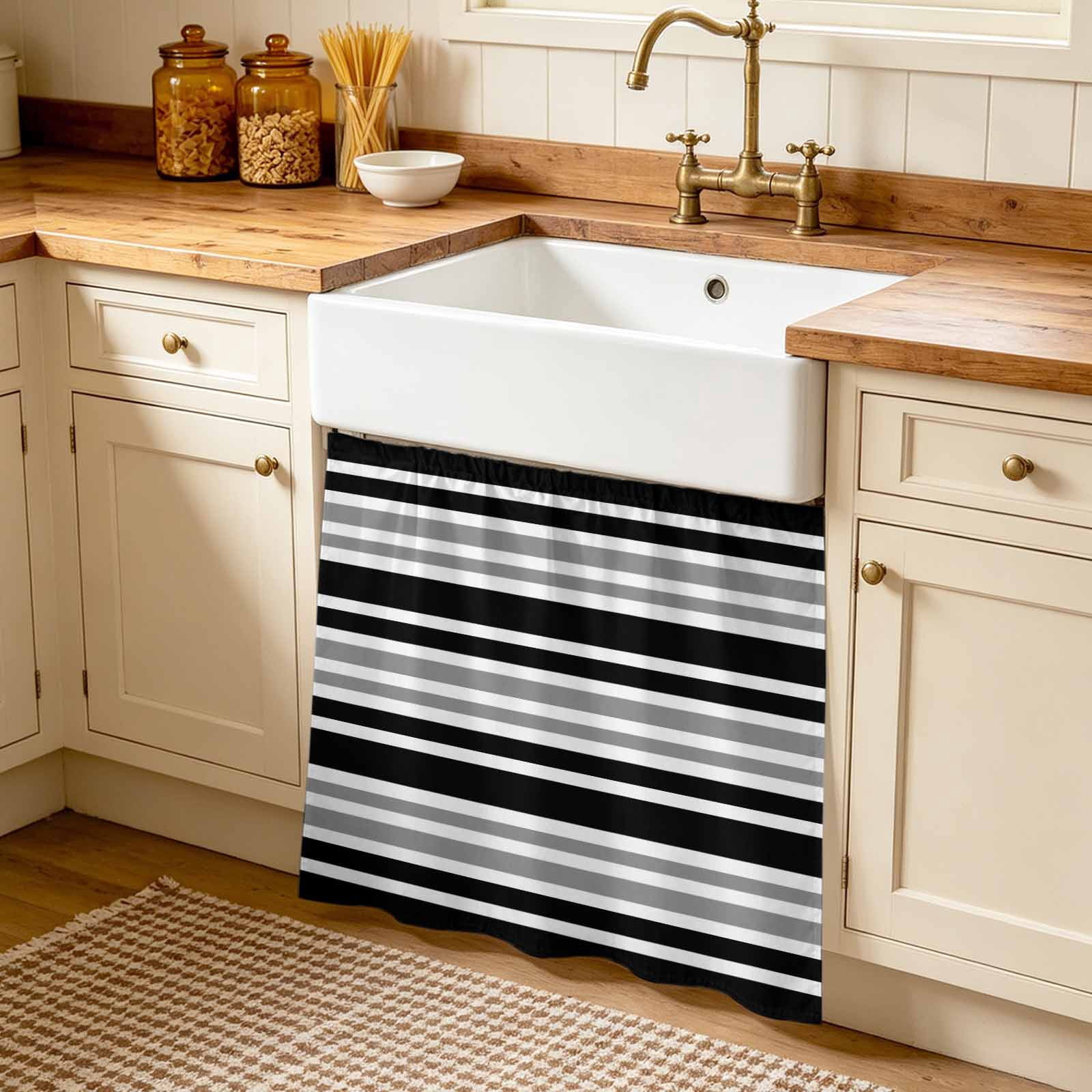 Black Gray Striped Cabinet Curtains 35"W x 35"L, Horizontal Lines ...