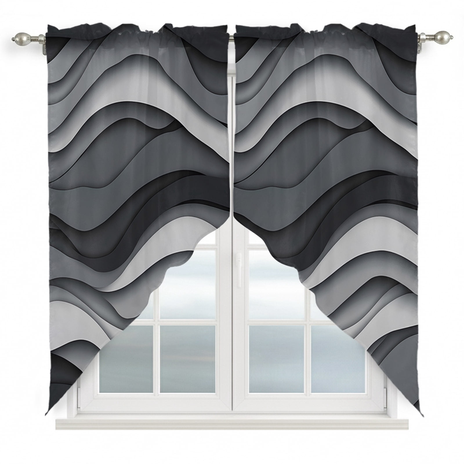Black Gray Swag Curtain Valance for Window 2 Panels Geometric Abstract ...