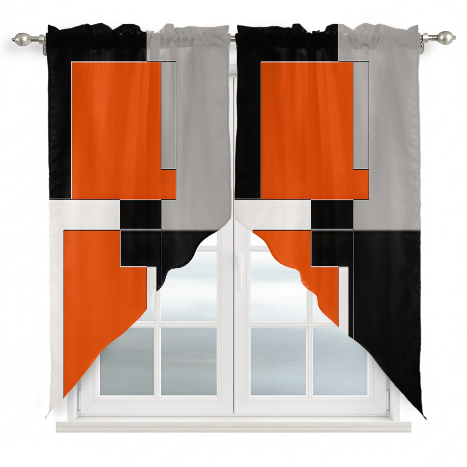 Black Gray Swag Curtain Valance for Window 2 Panels Orange Geometric ...