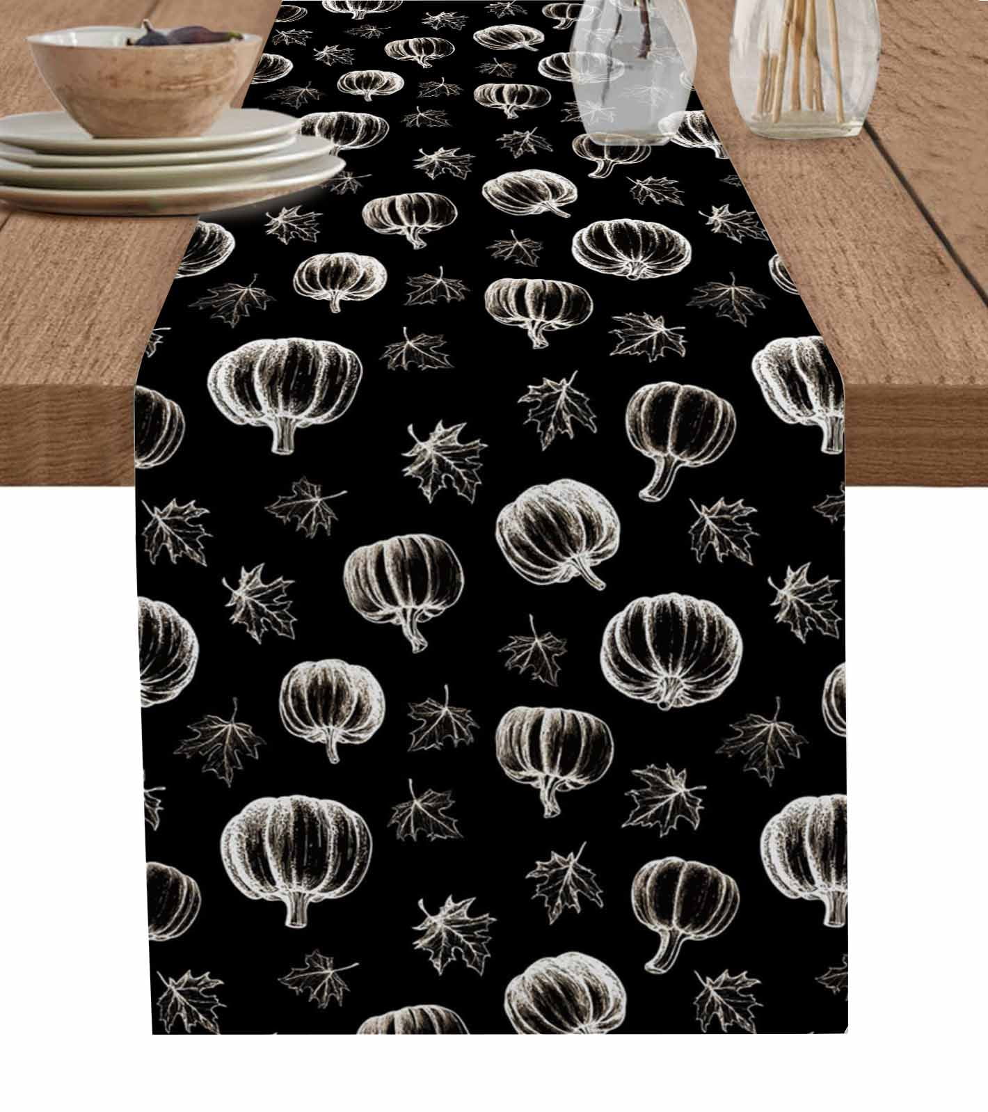 Black Gray Thanksgiving Table Runner Pumpkins Maple Leaf Retro ...