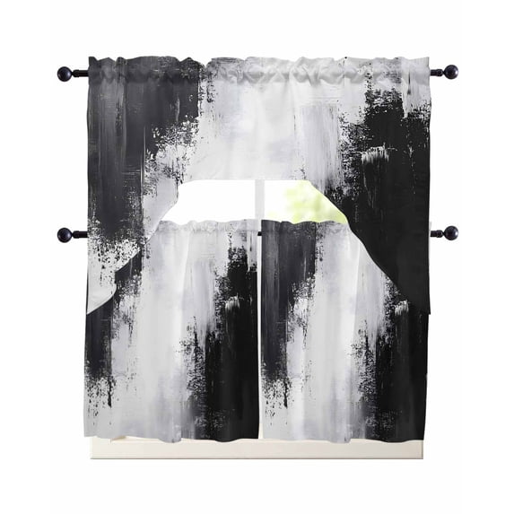 Black Gray White Kitchen Curtain and Valance Set 3 Pieces,Rod Pocket ...