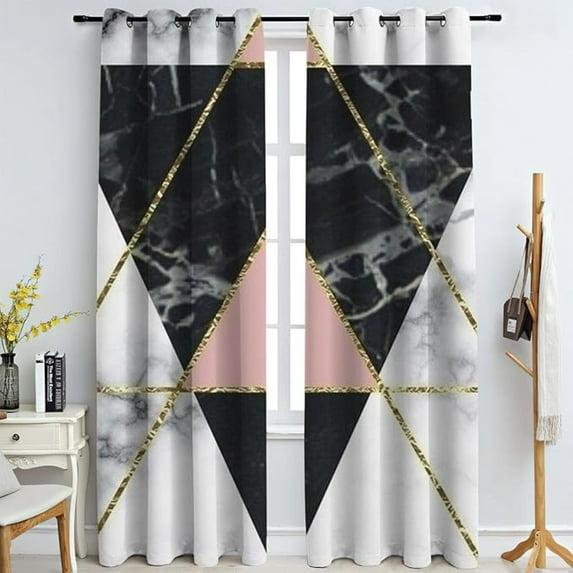 Black Gray White Marble Blackout Curtains, Luxurious Pink Gold Line ...