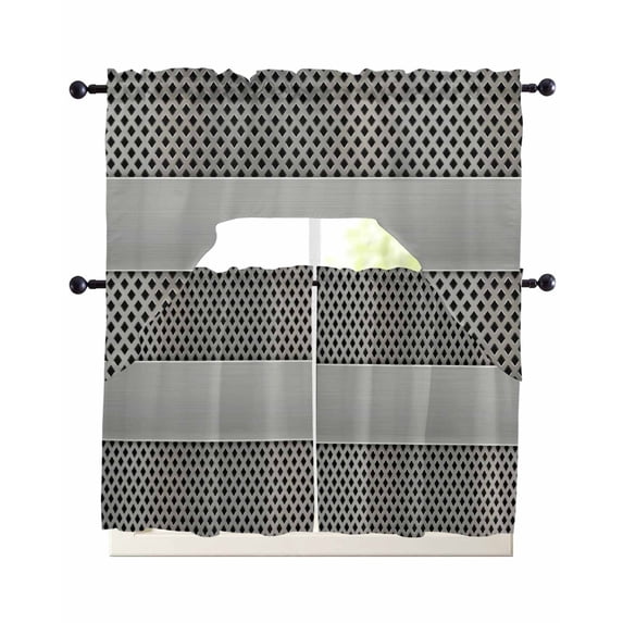 Black Gray White Striped Kitchen Curtains Set for Windows 3 Piece Cafe ...