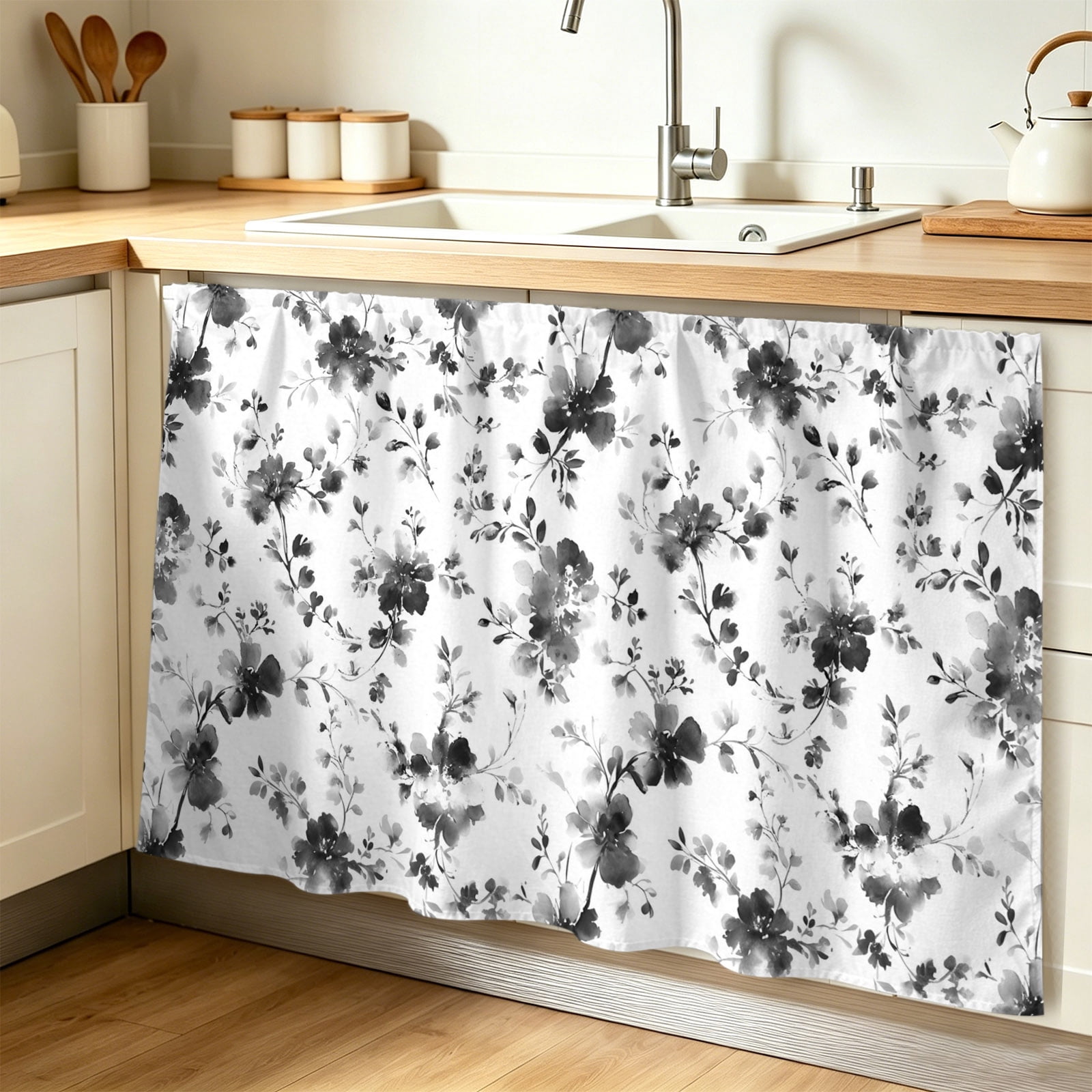 Black Gray Wildflower Cabinet Curtain 28"W x 51"L, Classic Florals ...