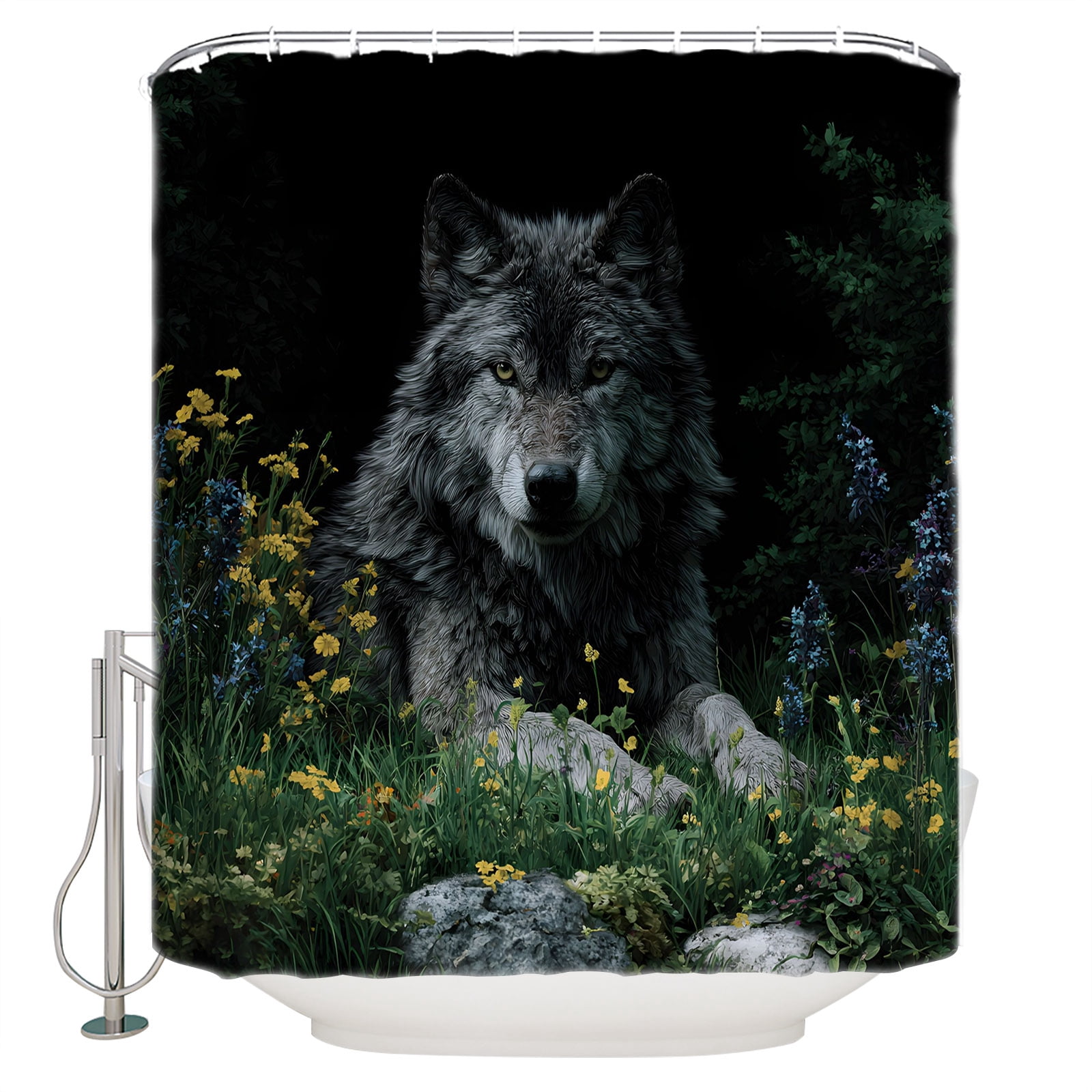 Black Gray Wolf Bathroom Shower Curtains with 12 Hooks Polyester ...
