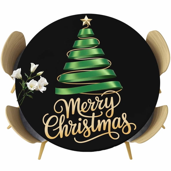 Black Green Christmas Round Tablecloth, Fitted Table Cover with Elastic ...
