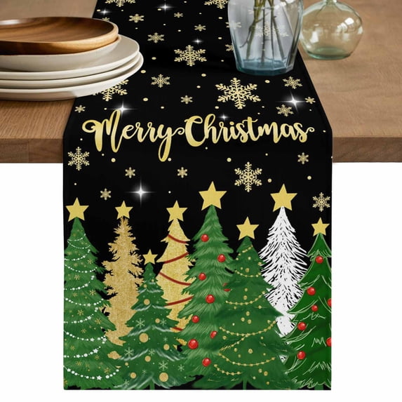Black Green Christmas Table Runner 72 Inches, Xmas Tree Stars Snowflake ...