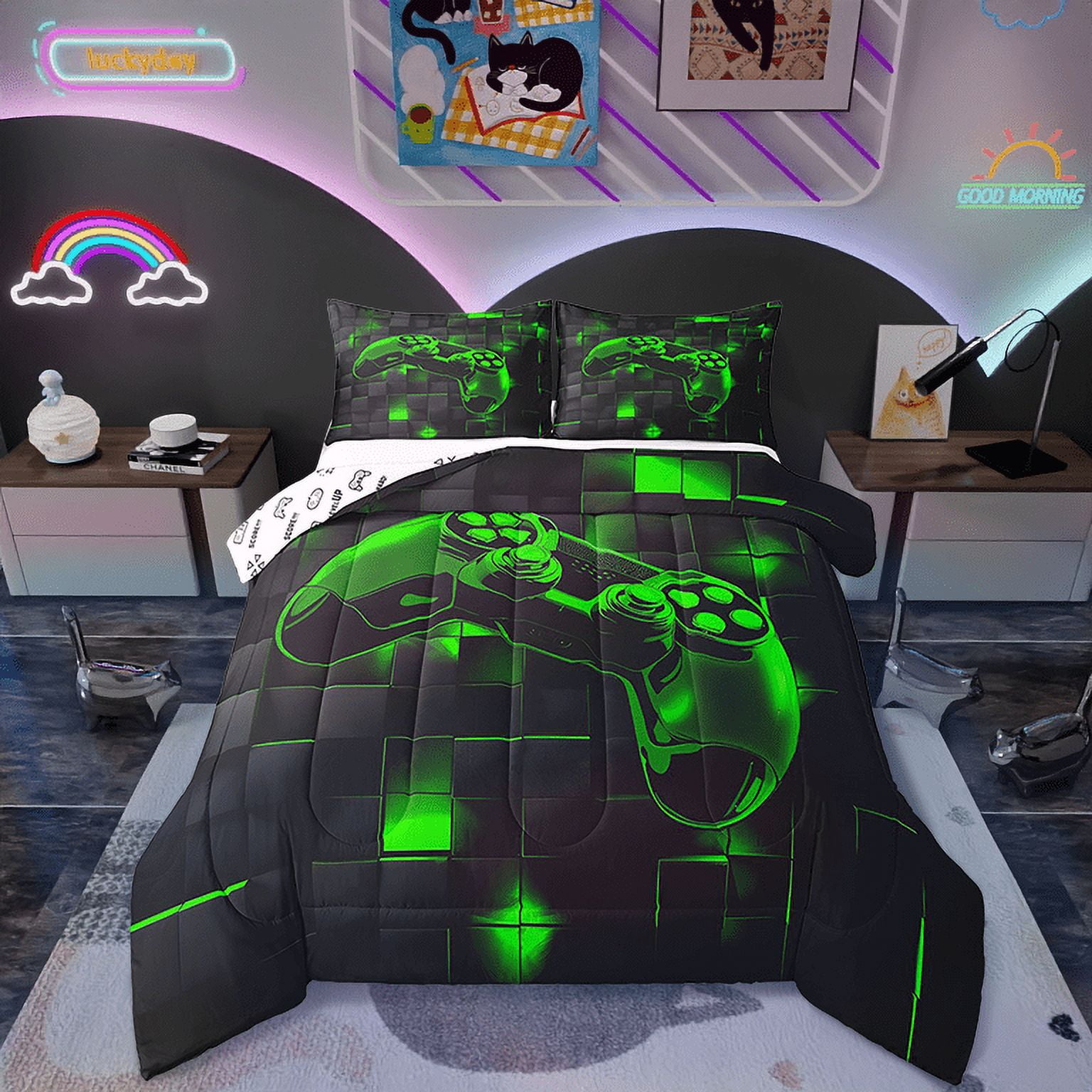 Black and Green Comforter Set Twin,Modern Geometric Gaming Bedding Set ...