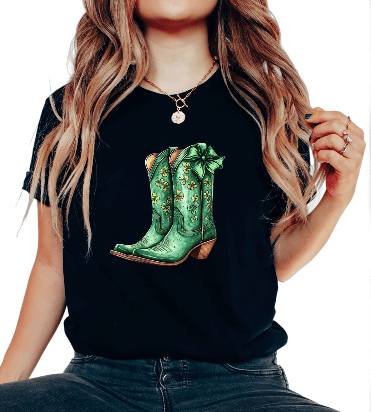 Black Green Cowboy Boots With Yellow Clover Bow Print Tshirt Graphic ...