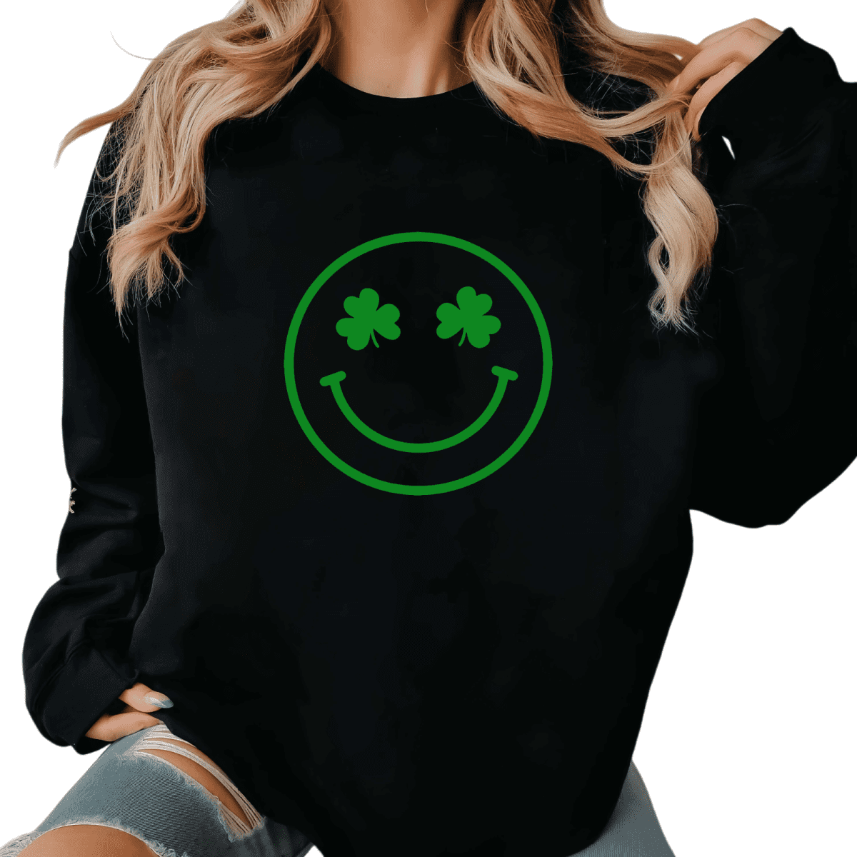Black Green Fun Smile Face & Shamrock Eye Print Sweatshirt Graphic ...