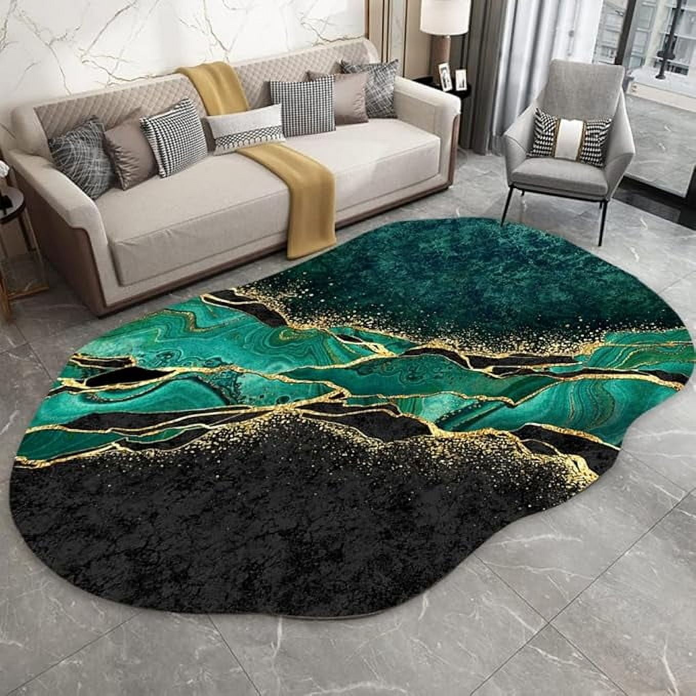 Black Green Gold Marble Abstract Irregular Shaped Area Rugs Ultra Soft ...