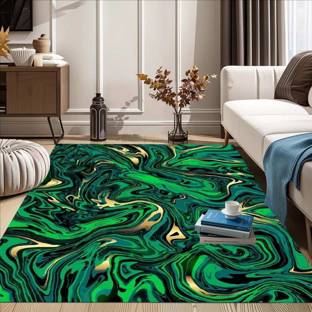 Black Green Gold Marble Swirl Modern Abstract Large Rug For Living Room ...