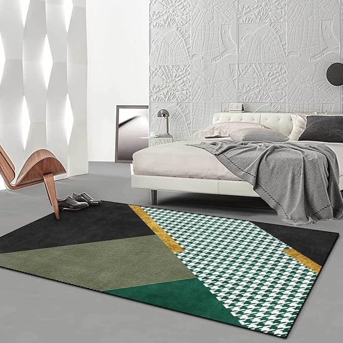 Black Green Modern Abstract Area Rug Gold Striped Geometric Pattern ...