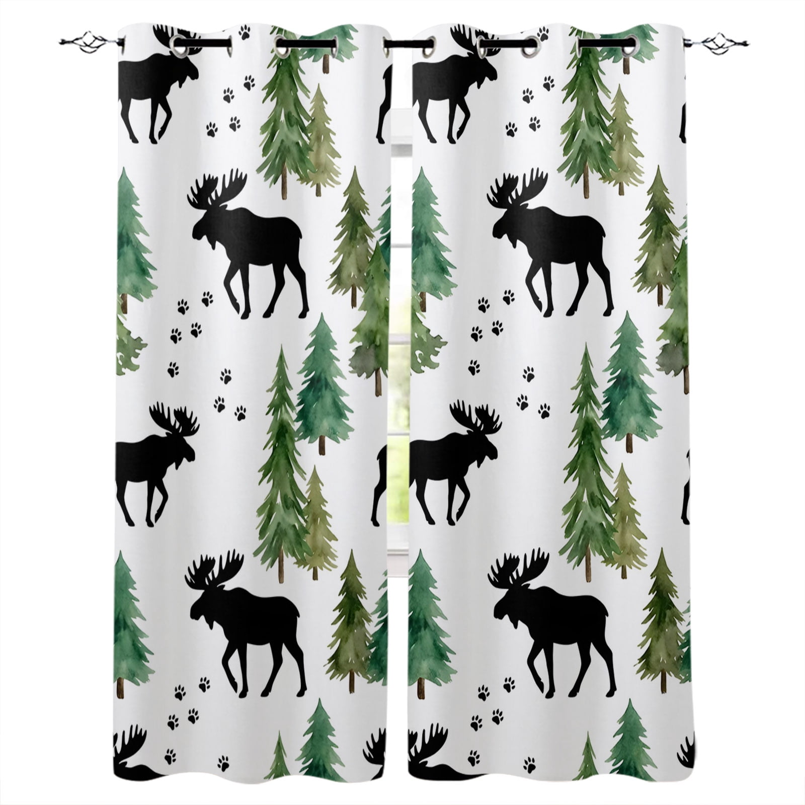 Black Green Moose Blackout Curtains for Bedroom Living Room Darkening ...