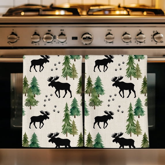 Black Green Moose Kitchen Towels Set of 3, Modern Animals Trees Rustic ...