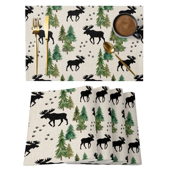 Black Green Moose Placemats Set of 8 Modern Animals Trees Rustic Place ...