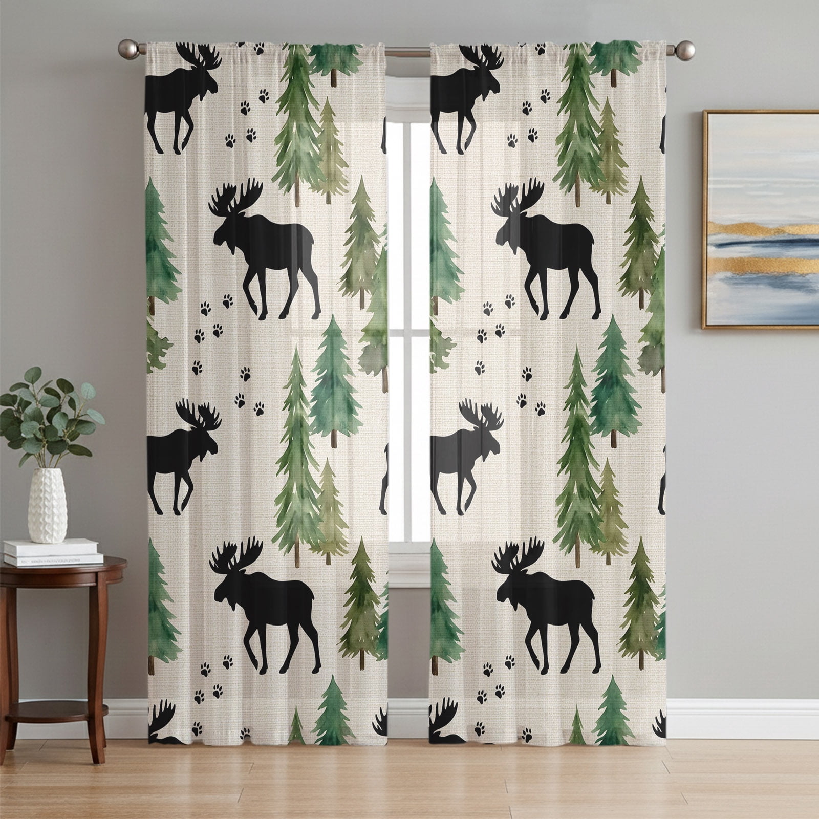Black Green Moose Sheer Curtains for Living Room Bedroom Modern Animals ...