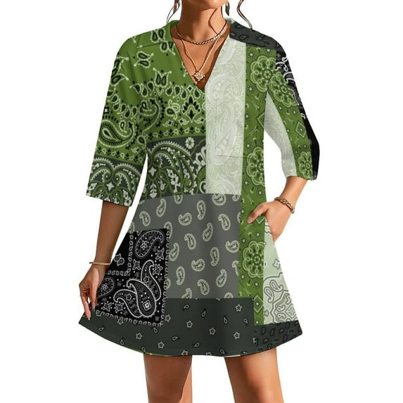 Black Green Paisley Bandana Womens Dress With Pockets Summer V Neck 3/4 ...
