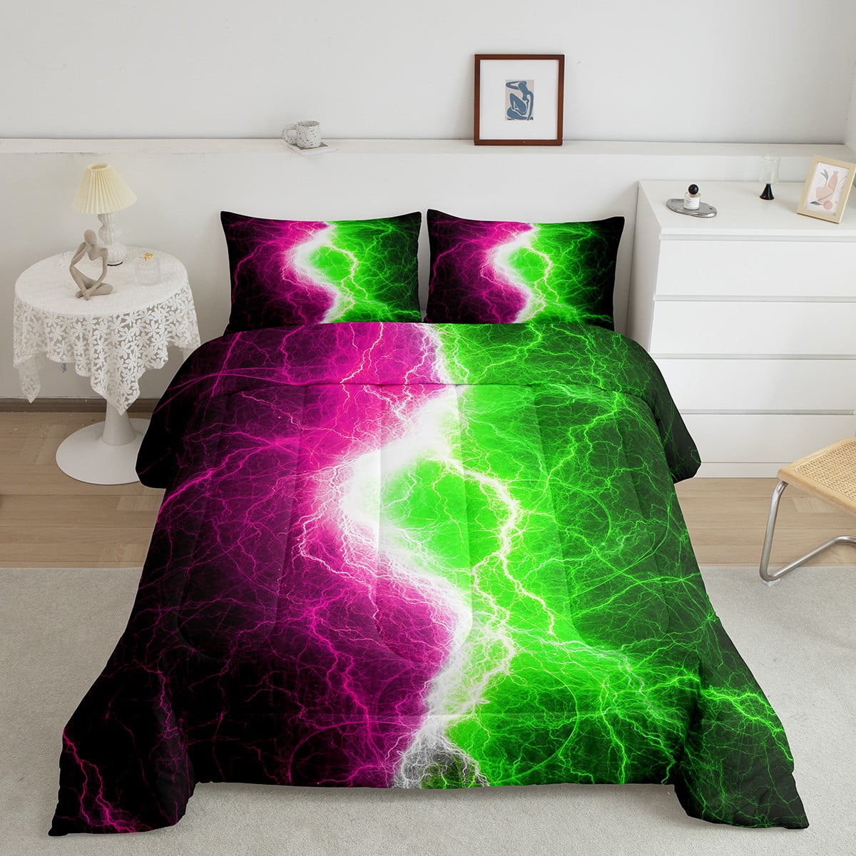 Black Green Pink Comforter Set Queen Lightning Pattern Gaming Bedding ...