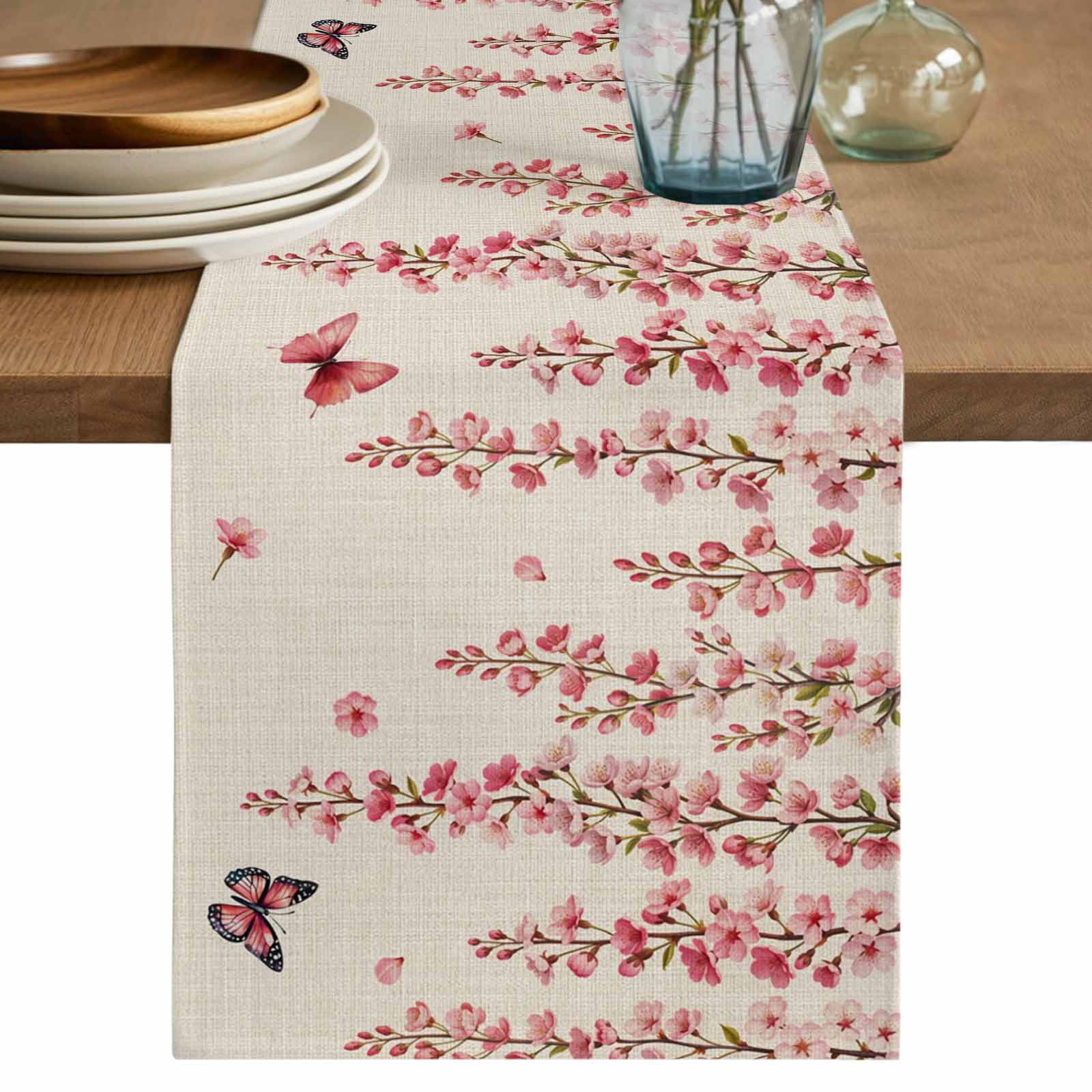 Butterfly Flower Table Runner 72 Inches, Farmhouse Country Pink Floral ...