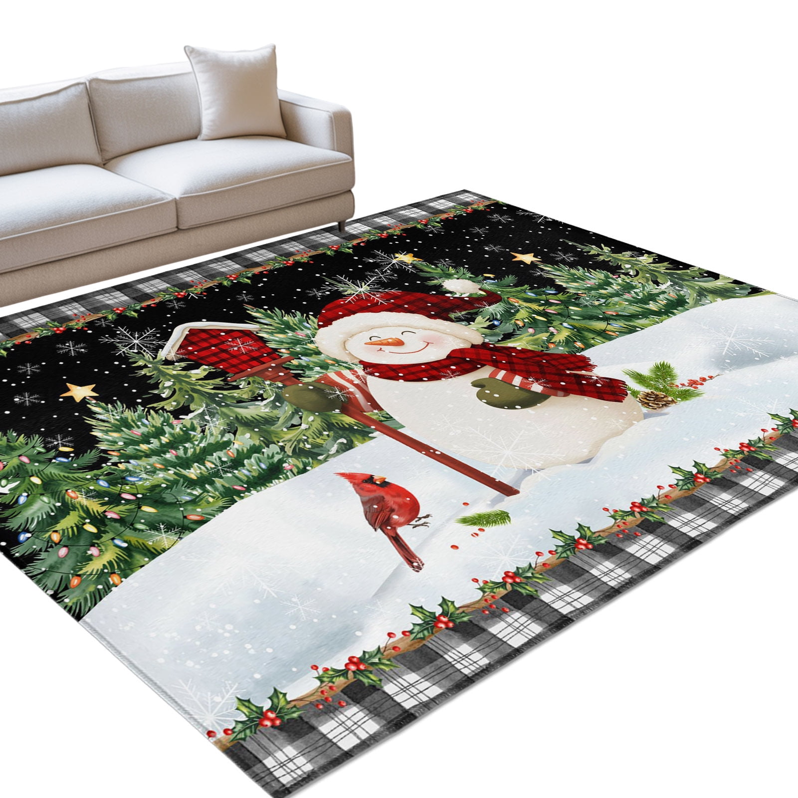 Black Green Snowman Christmas Washable Rug 3x5 Area Rug for Living Room ...