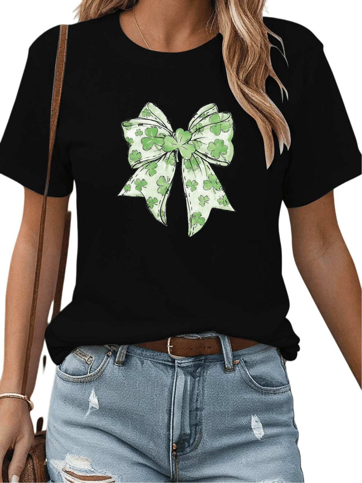 Black Green Watercolor Clover Bow Print T shirt St Patricks Day Graphic ...