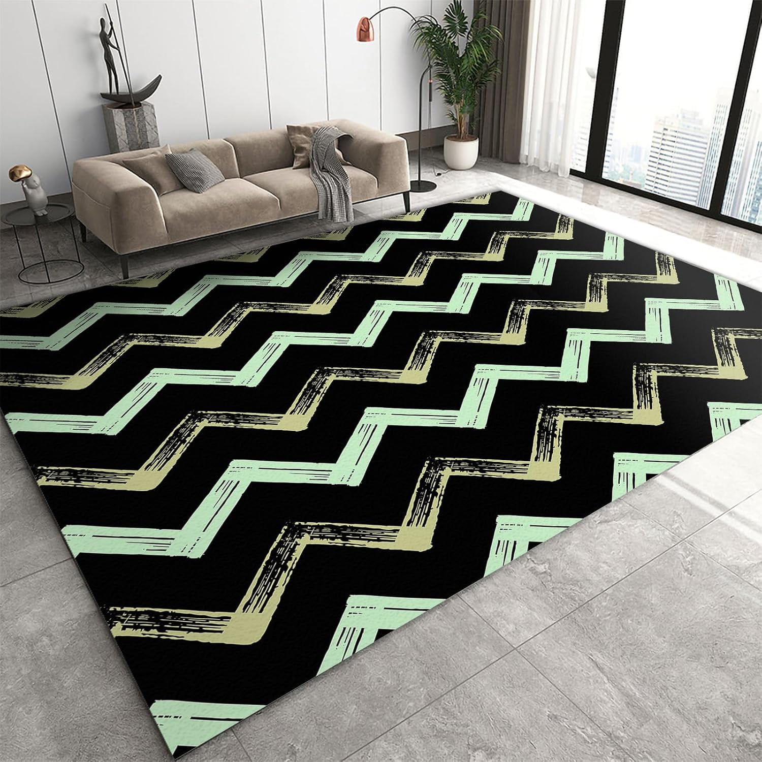 Black Green Wavy Lines Area Rugs, Simple Stylish Creative Rug, Soft ...