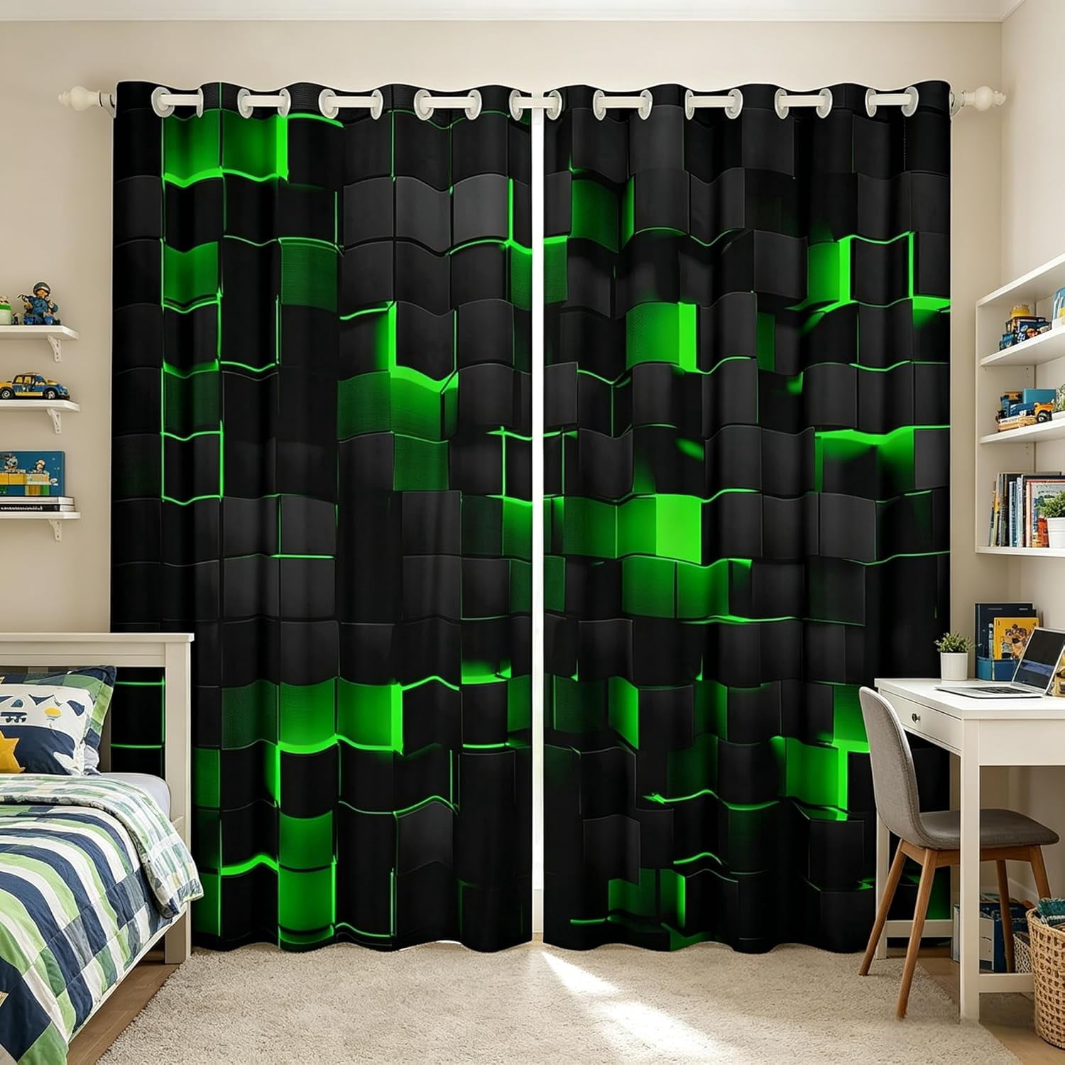Black Green Window Curtains 42" Wx90 L Geometric Check Grid 50% ...