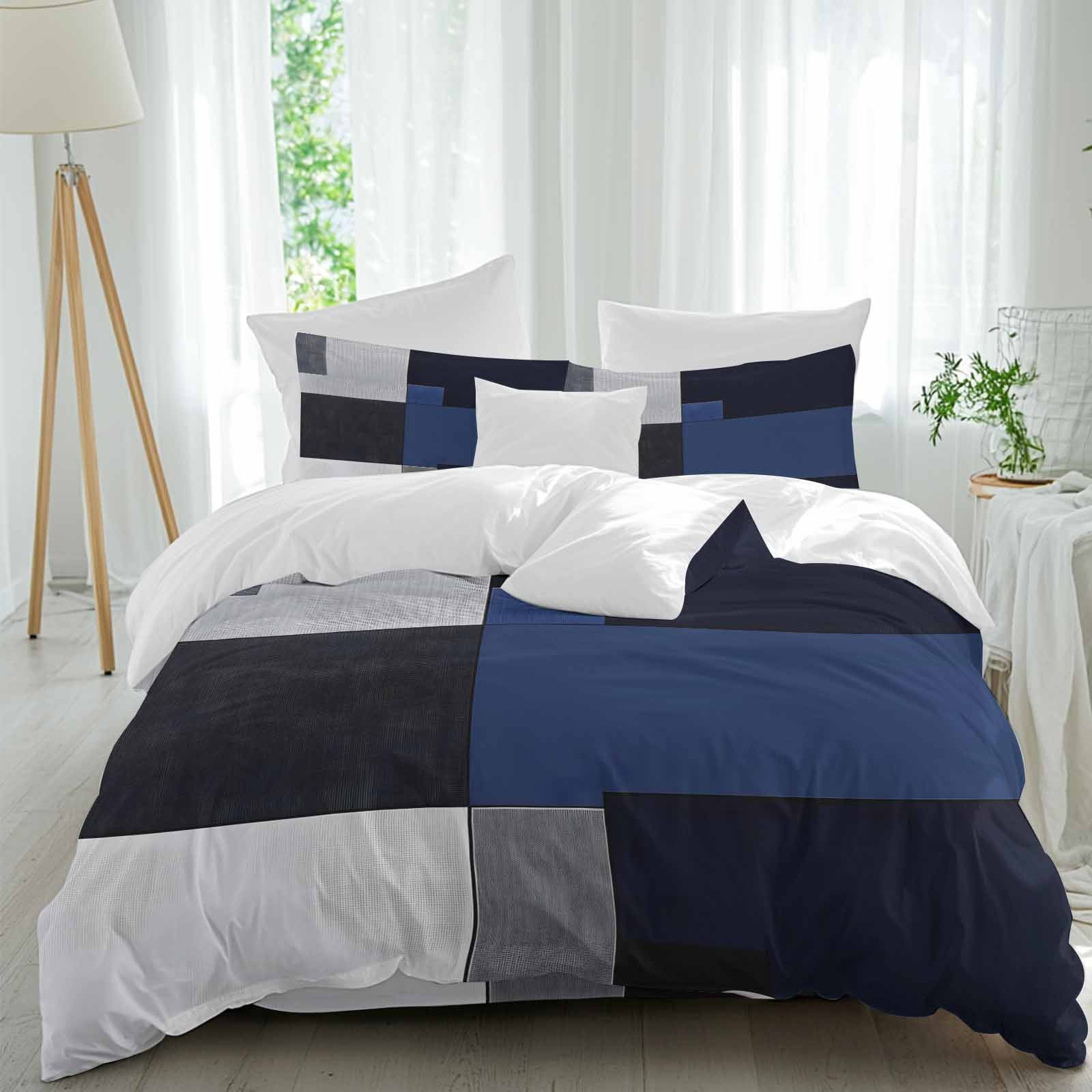 Black Grey 4 Piece Duvet Cover Set Full Size Blue Geometric Abstract ...