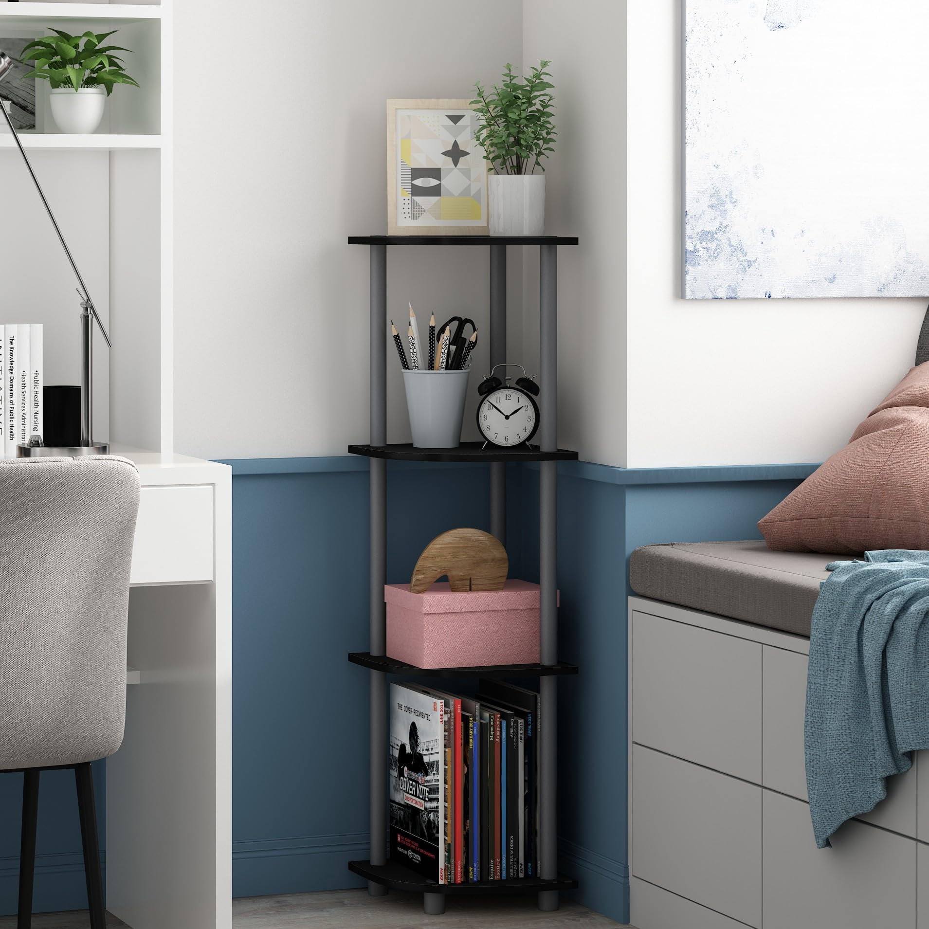 Black/Grey 4-Tier Corner Shelf, Open Display Storage Unit For Living ...