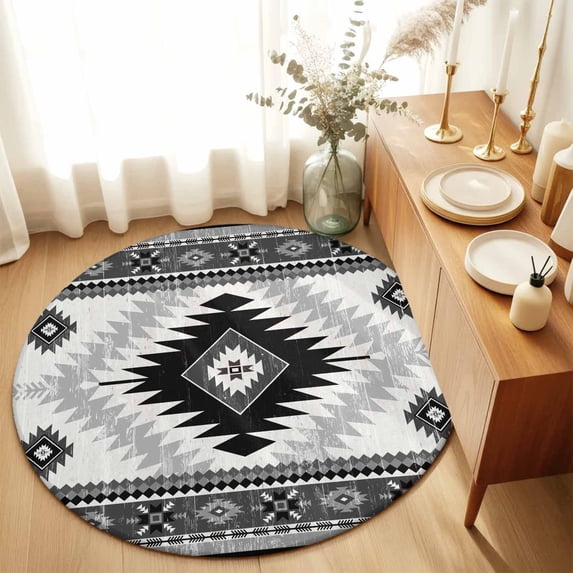 Black Grey Aztec Bohemian Round Rug 3ft Country Farmhouse Gray Washable ...