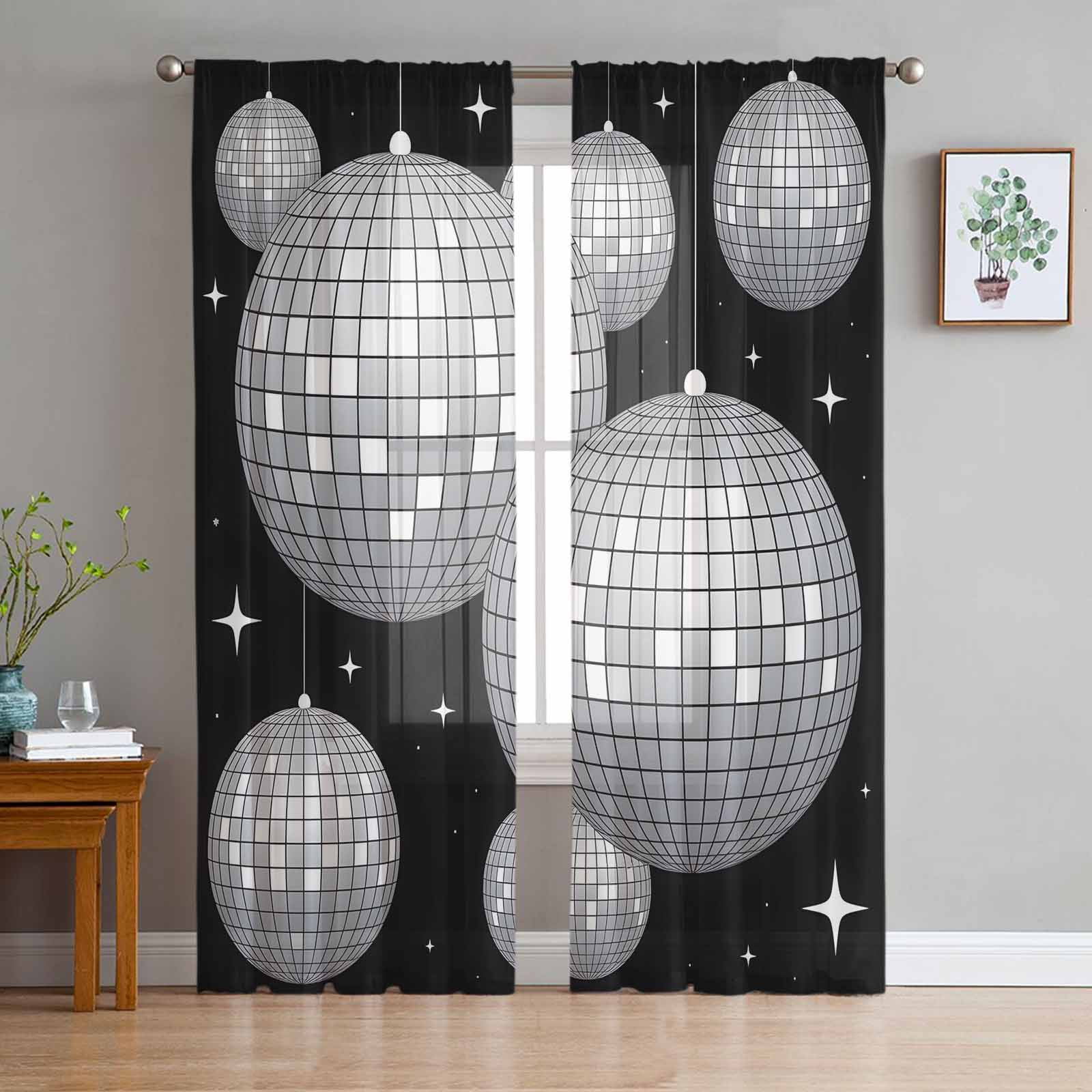 Black Grey Ball Sheer Curtains 84 Inches Long 2 Panels Set, Window ...