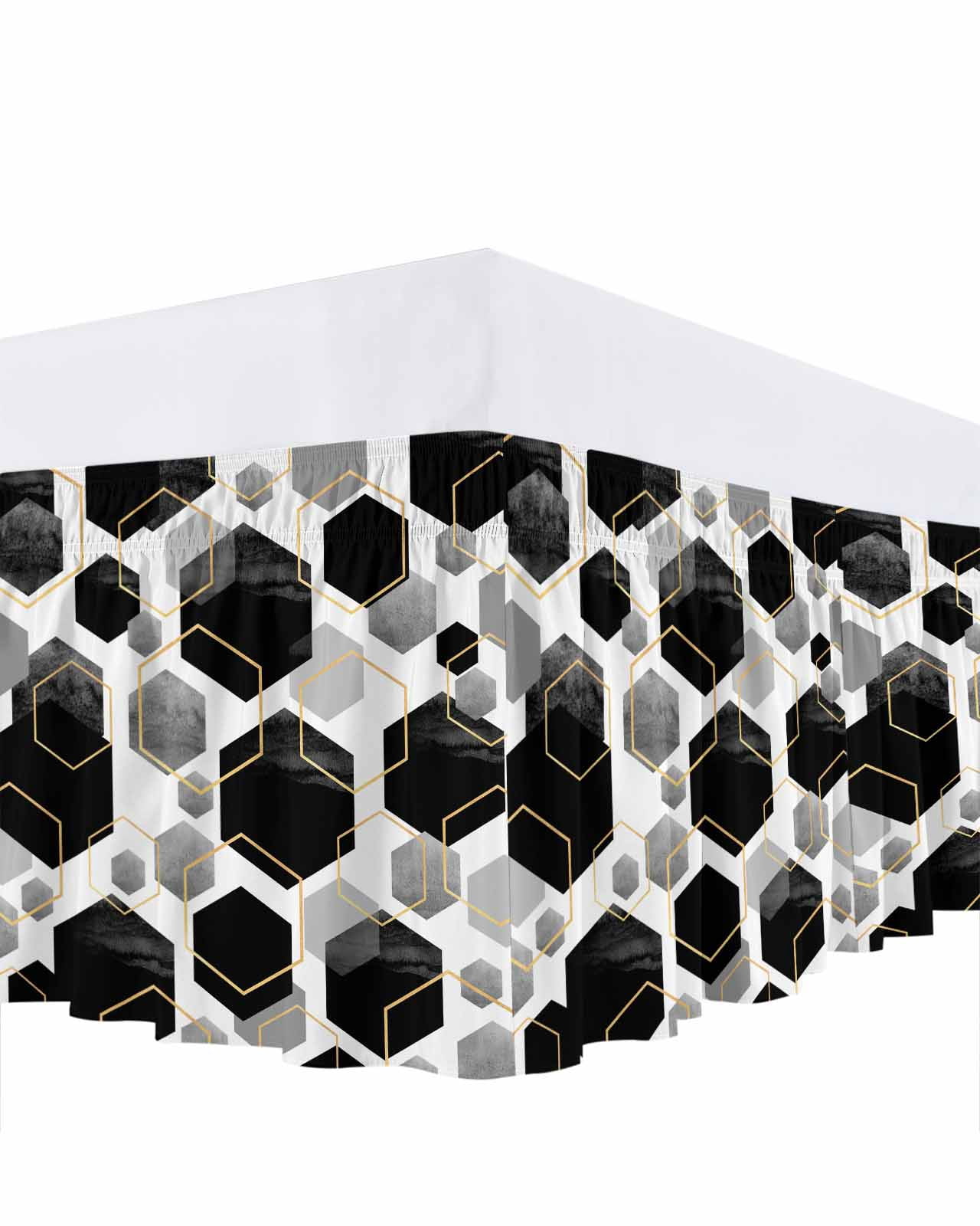 Black Grey Bed Skirt Queen Size, Geometric Gold White Hexagon Modern ...