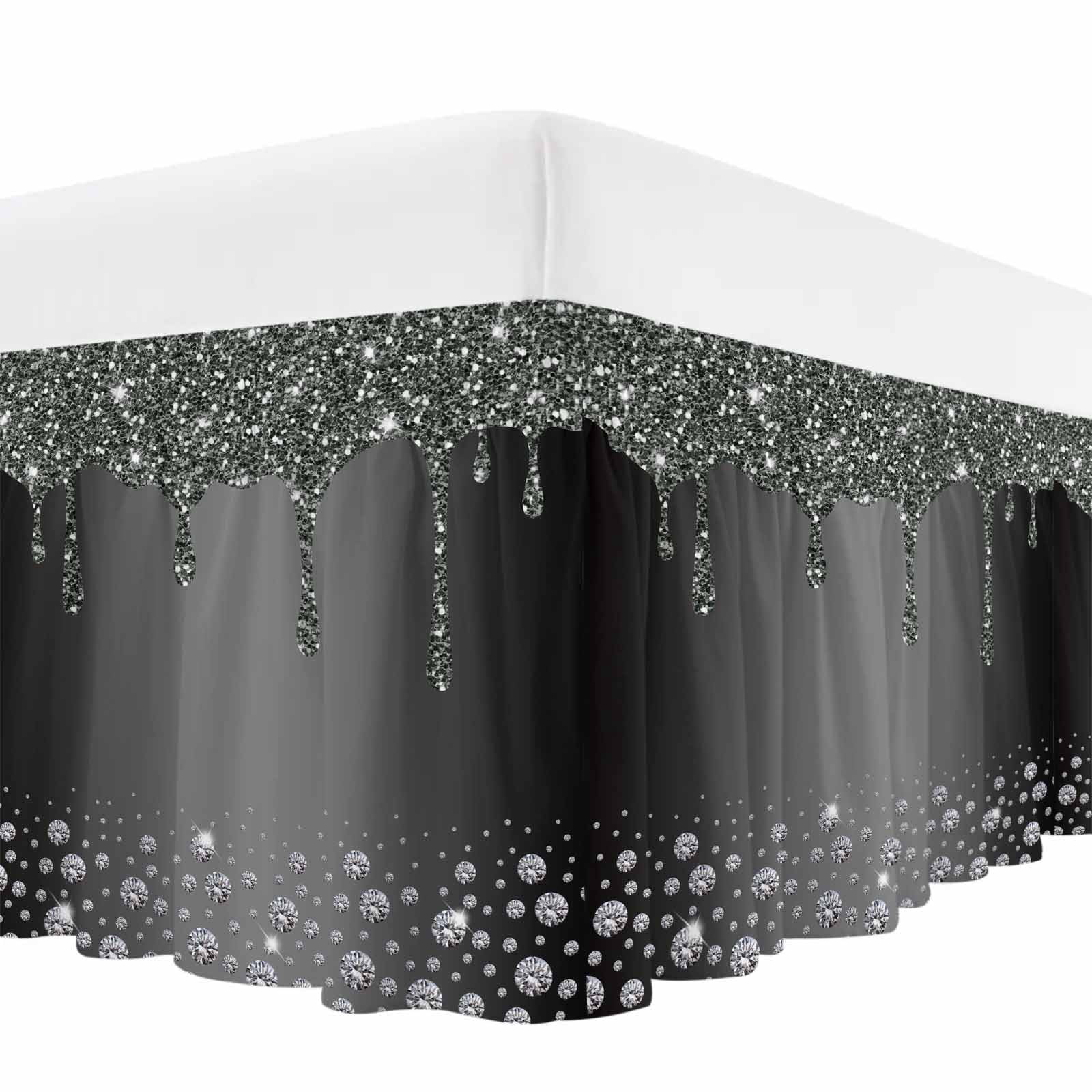 Black Grey Bed Skirt Queen Size, Modern Abstract Diamond Luxury ...
