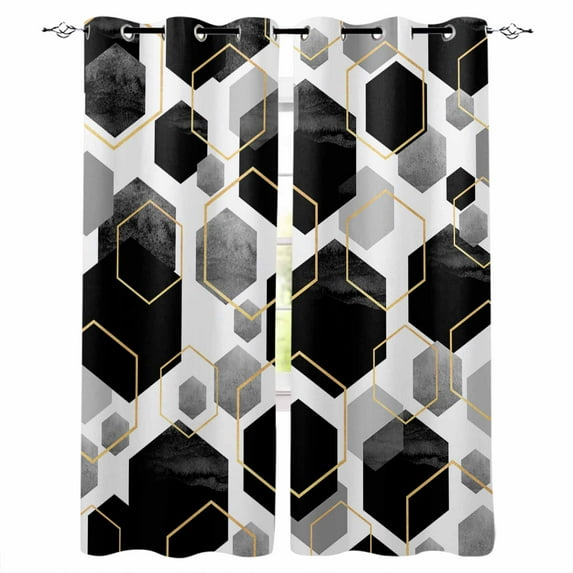 Black Grey Blackout Curtains 39 Inches Long, Geometric Gold White ...