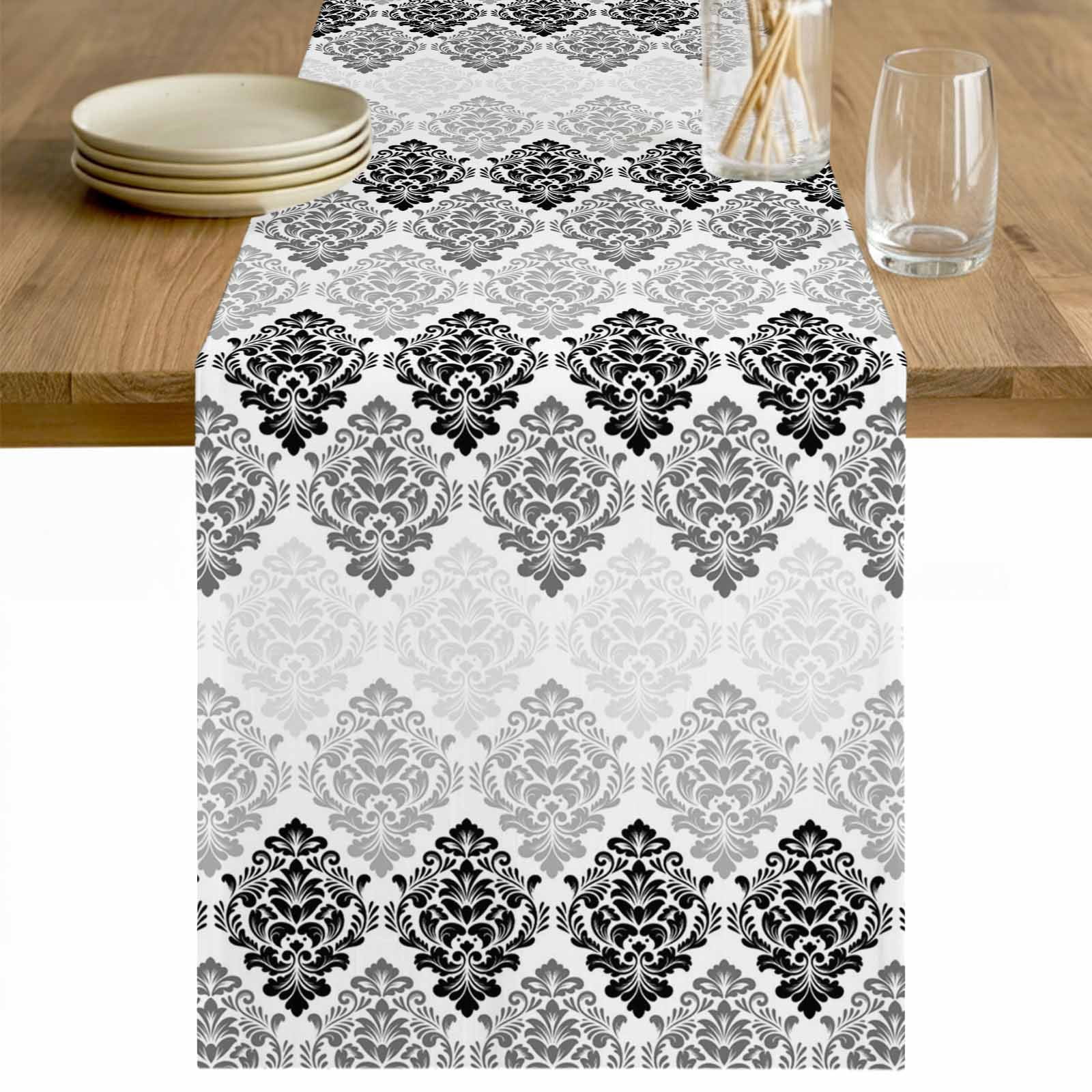 Black Grey Boho Flowers Table Runner - 120 Inch Long Modern Luxurious ...