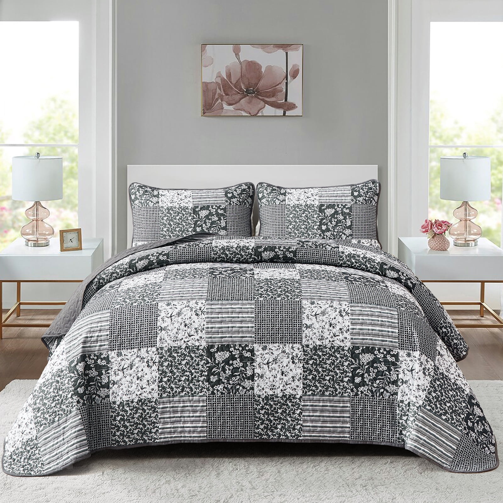 Grid Patchwork Quilt Sets Queen Size,3 Pcs Gray Bedding Sets ...