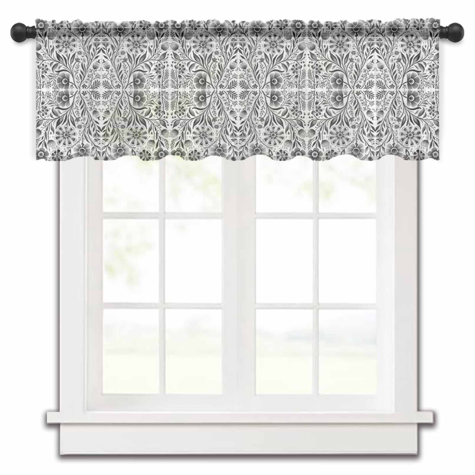 Black Grey Boho Sheer Valances, 54"x18" Light Filtering Kitchen ...