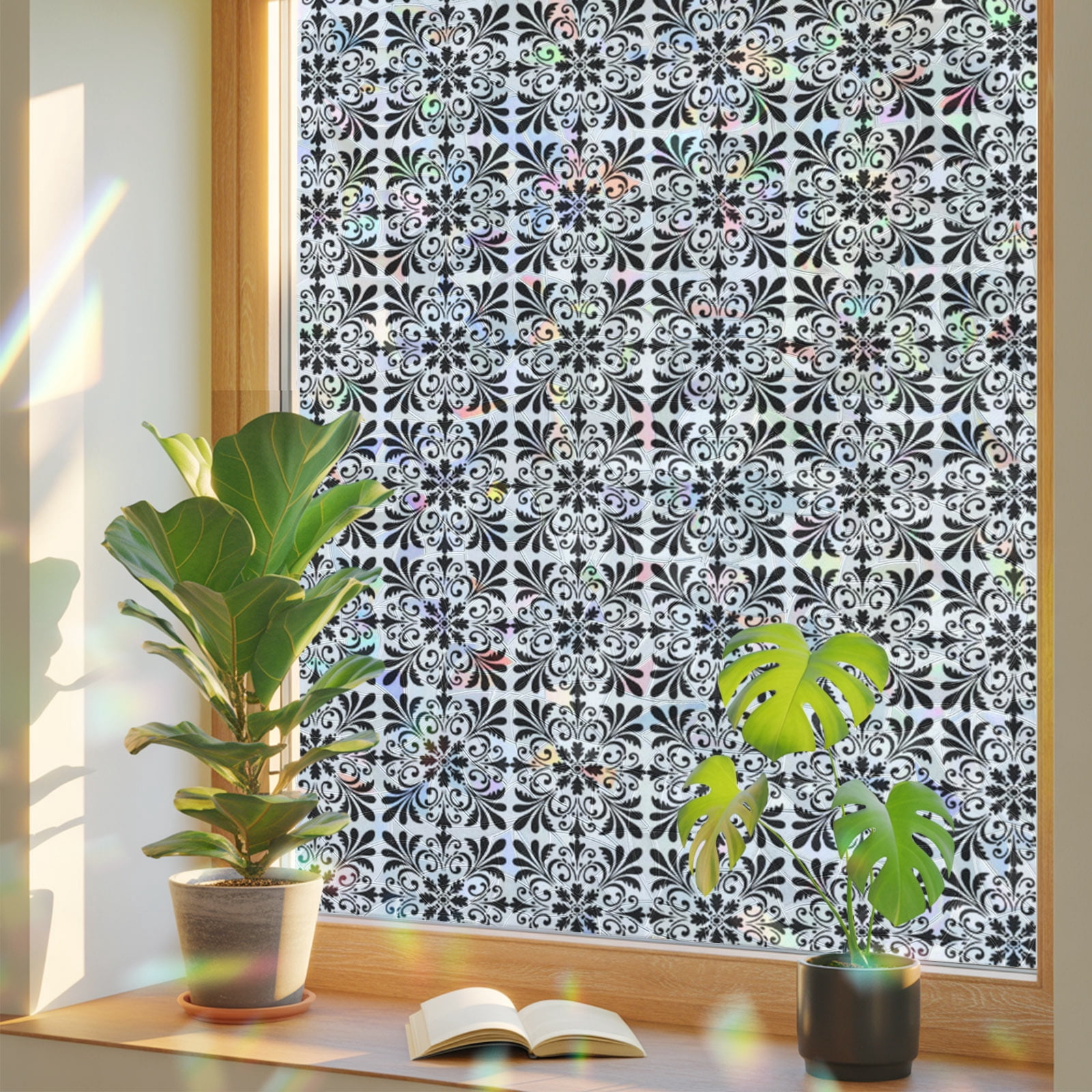 Black Grey Boho Window Privacy Film Rainbow Static Cling Stain Glass ...
