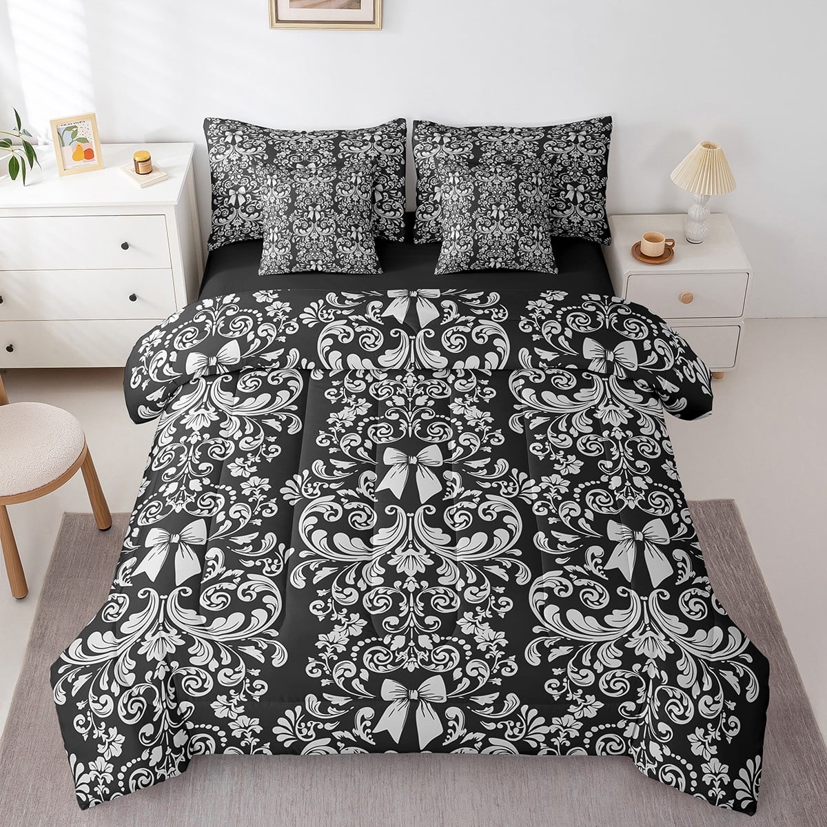 Black Grey Bow Knot Bed in a Bag Queen Comforter Set 7 Piece,Antique ...