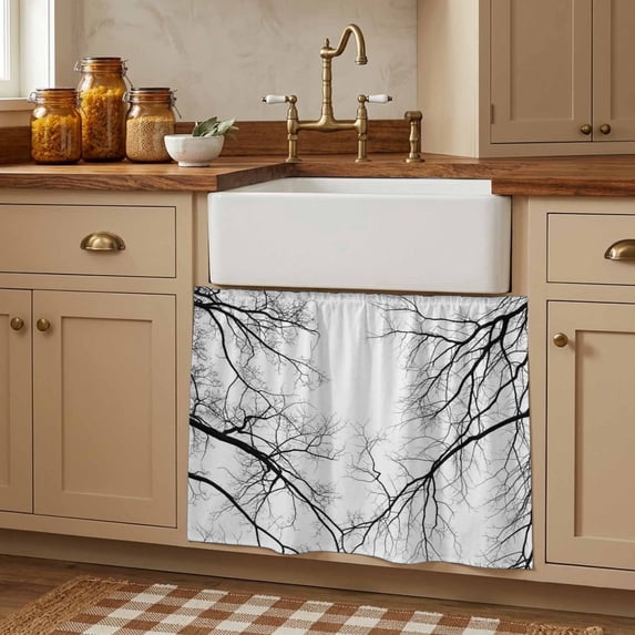 Black Grey Branches Cabinet Curtains 28"W x 35L, Modern Art Botanical ...
